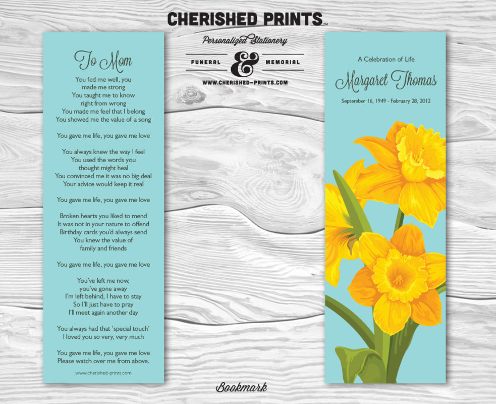 Daffodils Bookmarks - Celebration of Life Bookmark Memorial Bookmark ...
