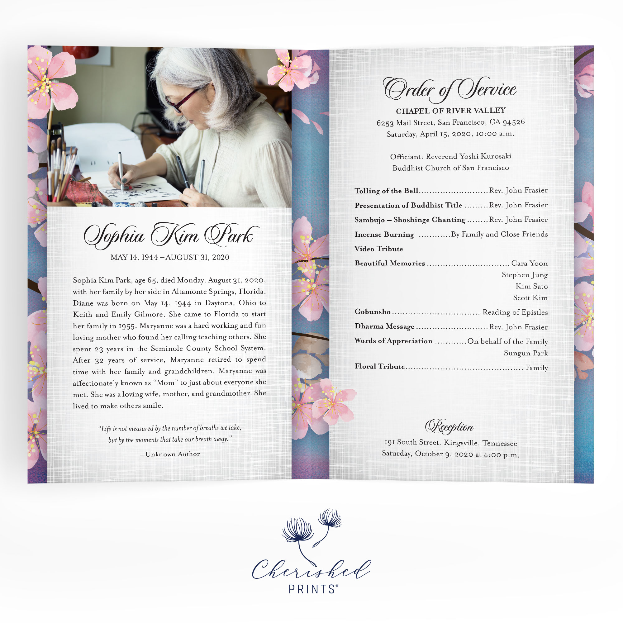 Cherry Blossoms Custom Funeral Program - Sakura • Cherished Prints